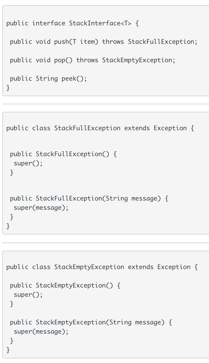 Solved public interface StackInterface { public void push(T | Chegg.com