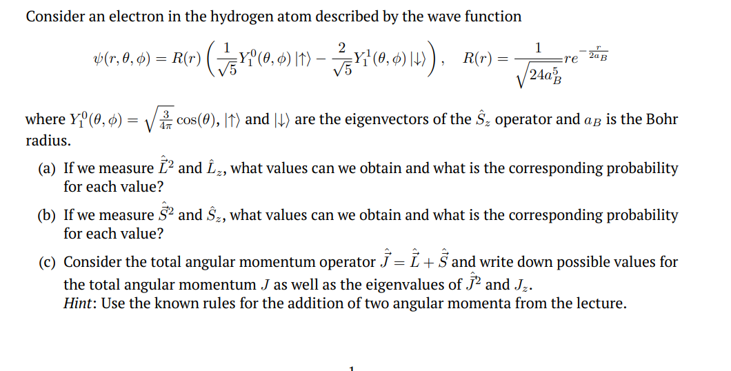 Consider an electron in the hydrogen atom described | Chegg.com