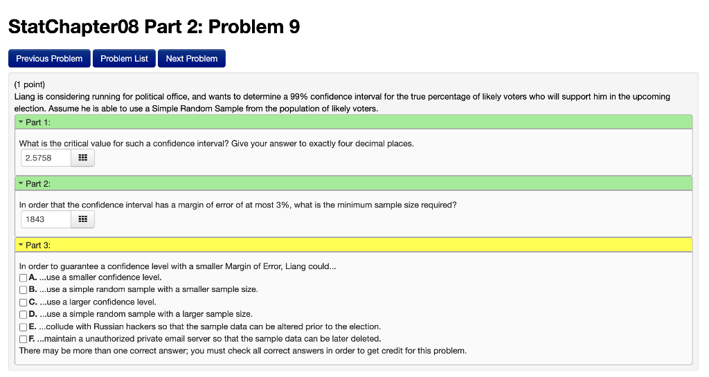 Solved StatChapter08 Part 2: Problem 9 Previous Problem | Chegg.com
