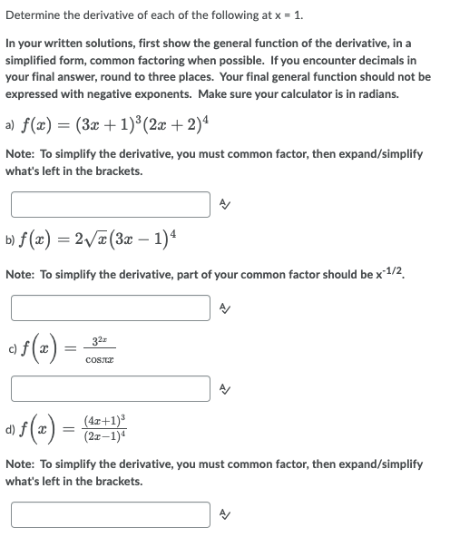 Solved Determine the derivative of each of the following at | Chegg.com