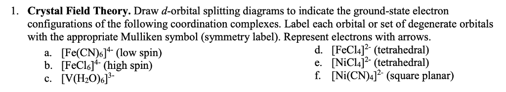 Solved 1. Crystal Field Theory. Draw d-orbital splitting | Chegg.com