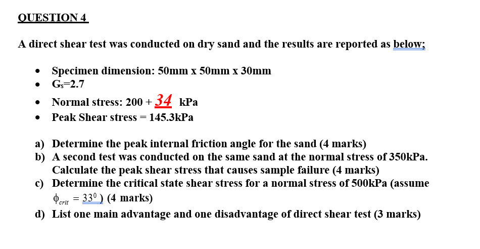 Solved A direct shear test was conducted on dry sand and the | Chegg.com