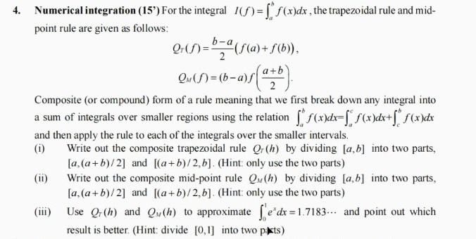 Solved Numerical integration (15') For the integral | Chegg.com
