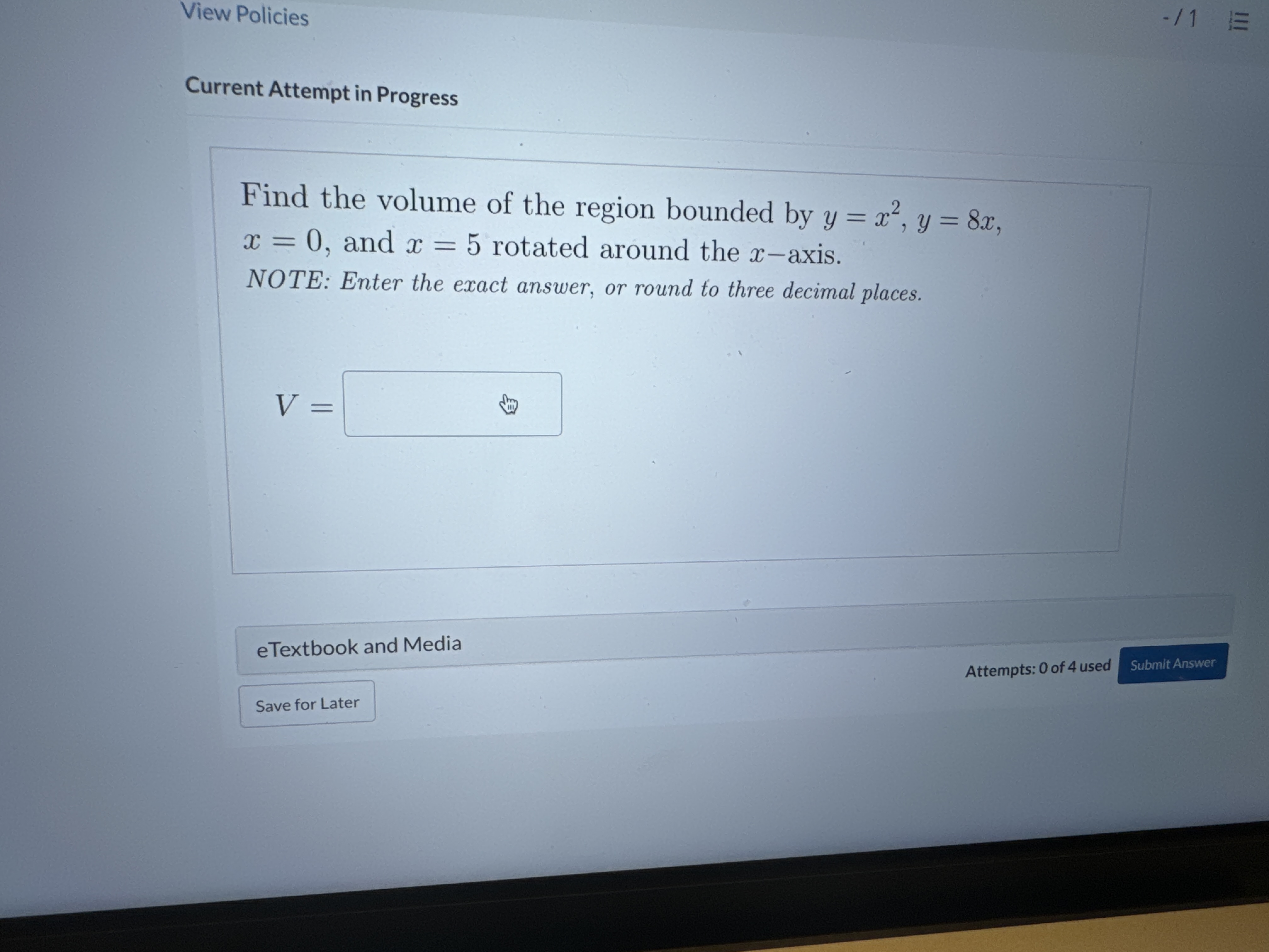 Solved Current Attempt in ProgressFind the volume of the | Chegg.com