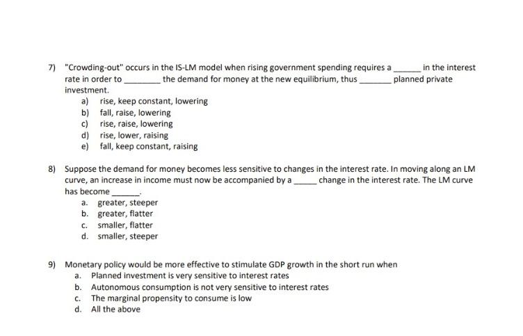 Solved 7) "Crowding-out" occurs in the IS-LM model when | Chegg.com