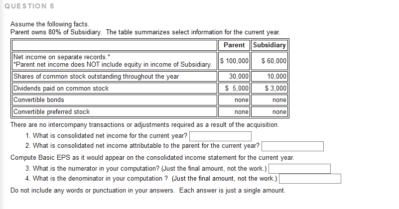 Solved QUESTION 5 Assume the following facts. Parent owns | Chegg.com