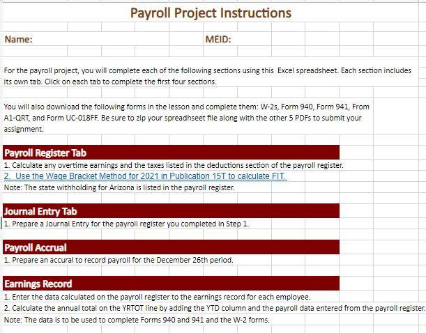 Payroll Project Instructions Name: MEID: For the | Chegg.com