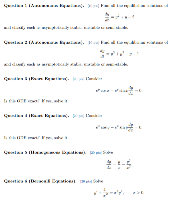 Solved Question 1 (Autonomous Equations). [10 pts] Find all | Chegg.com
