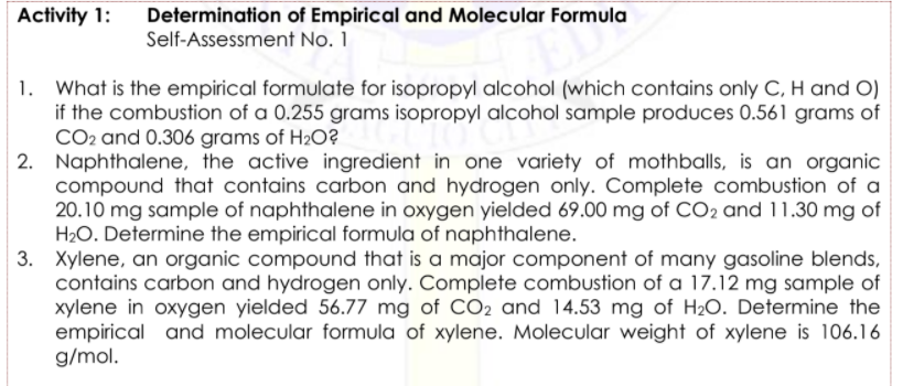 Solved Activity 1: Determination of Empirical and Molecular | Chegg.com