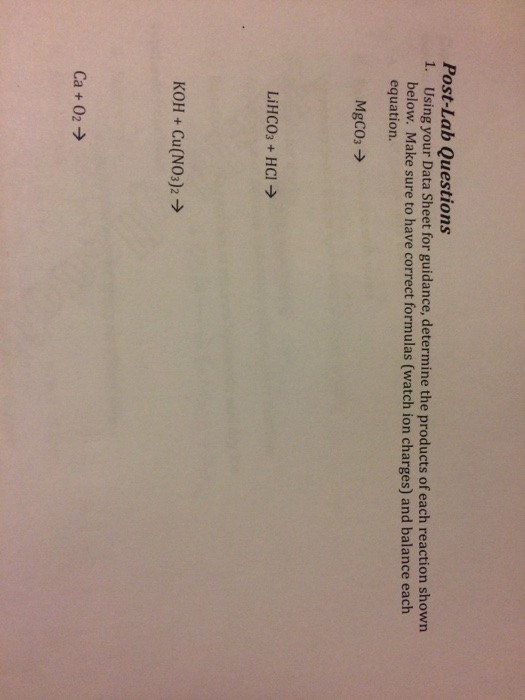 Solved Post-Lab Questions 1. Using your Data Sheet for | Chegg.com