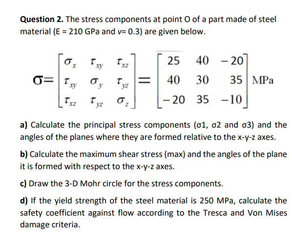 Solved Question 2. The stress components at point of a part | Chegg.com