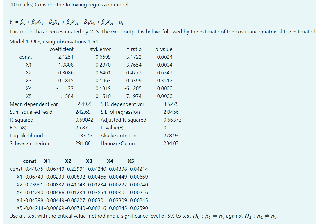 Solved (10 marks) Consider the following regression model Yi | Chegg.com