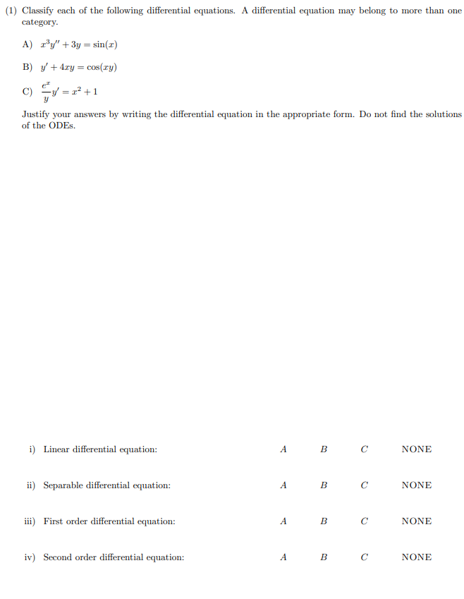 Solved (1) Classify each of the following differential | Chegg.com