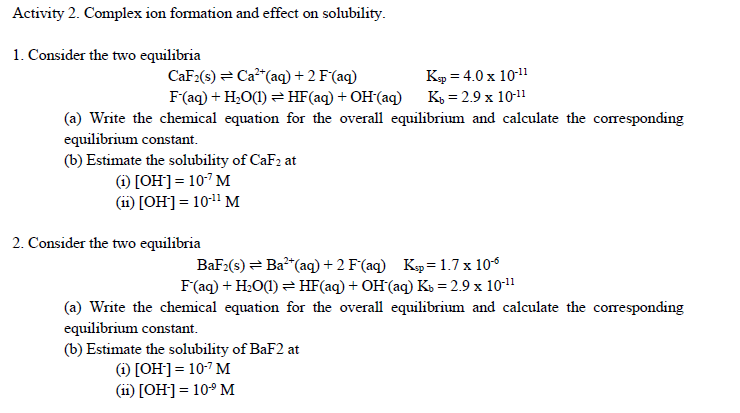 Solved Activity 2. Complex ion formation and effect on | Chegg.com