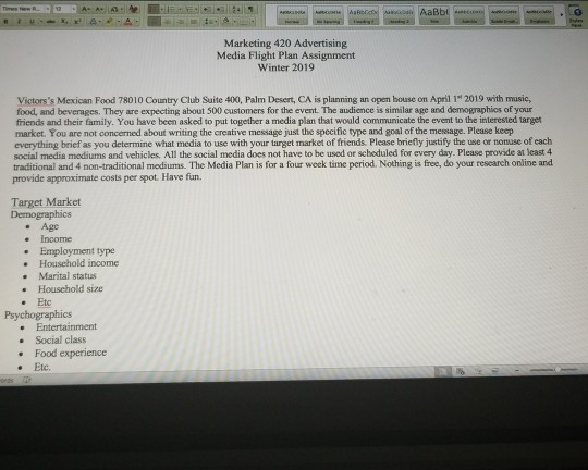 Marketing 420 Advertising Media Flight Plan | Chegg.com