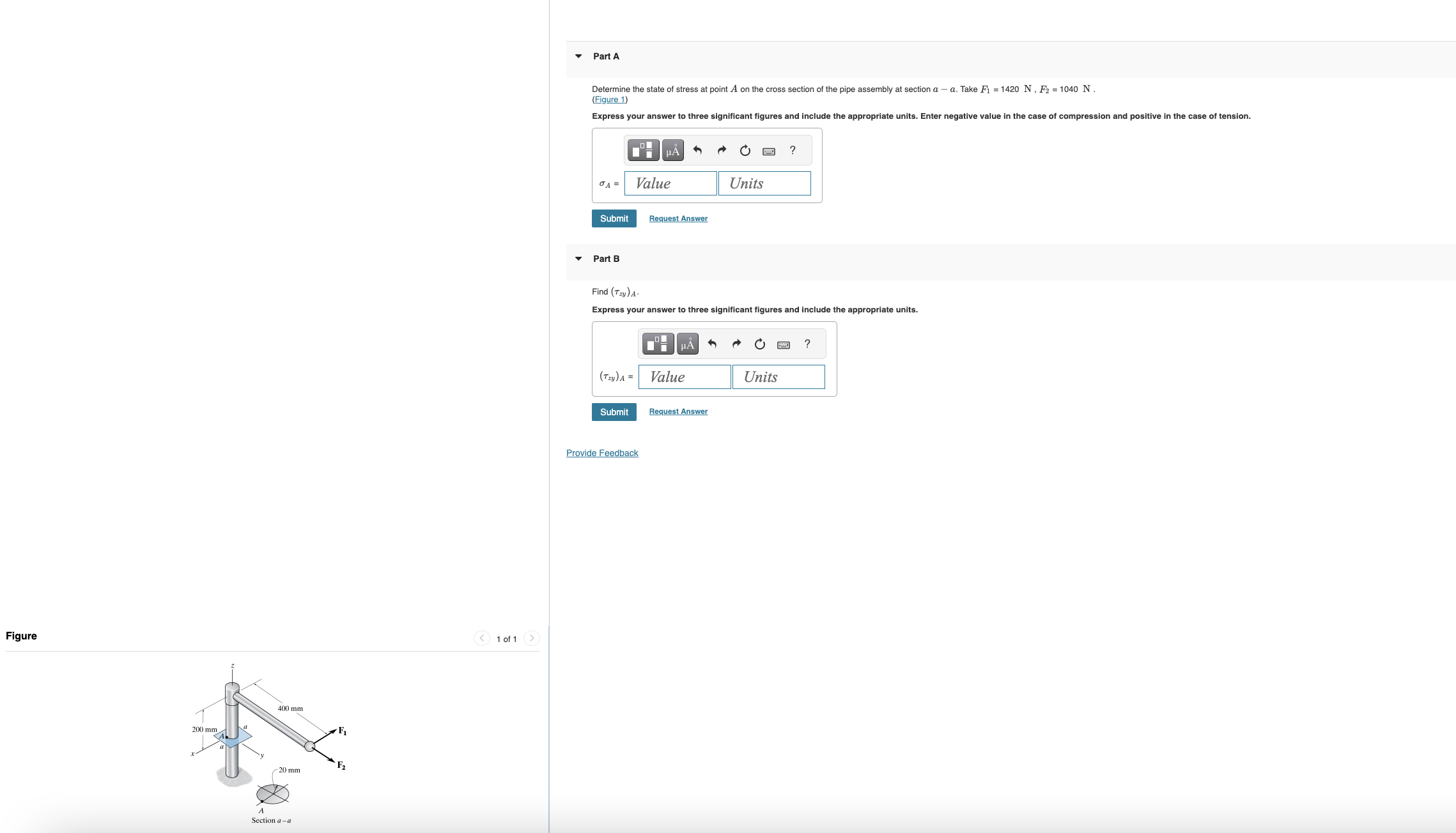 Solved Determine the state of stress at point A on the cross | Chegg.com