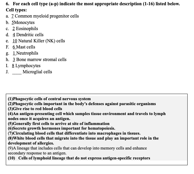 Solved 6. For each cell type (a-p) indicate the most | Chegg.com