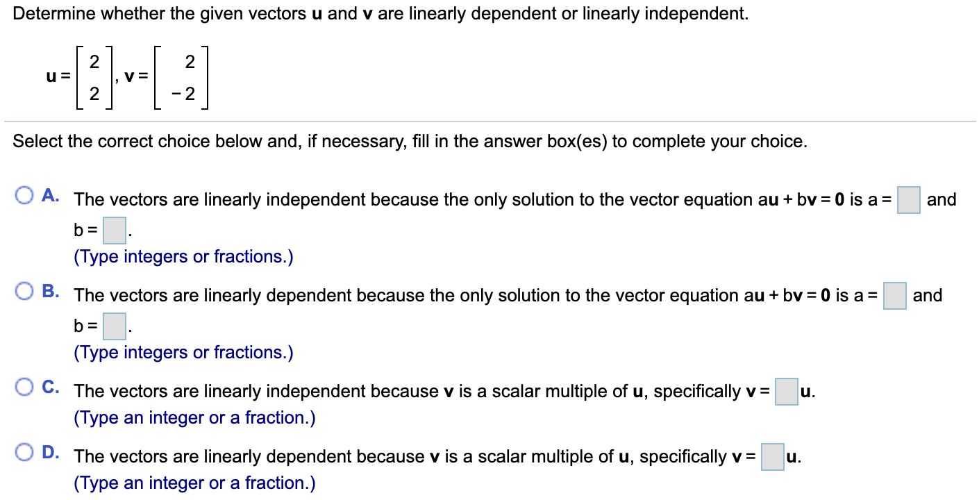 Solved Determine whether the given vectors u and v are | Chegg.com