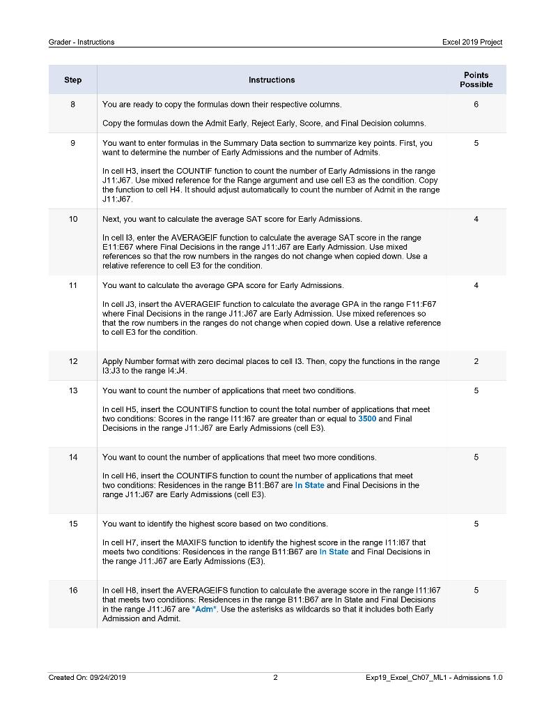 Grader - Instructions Excel 2019 Project | Chegg.com
