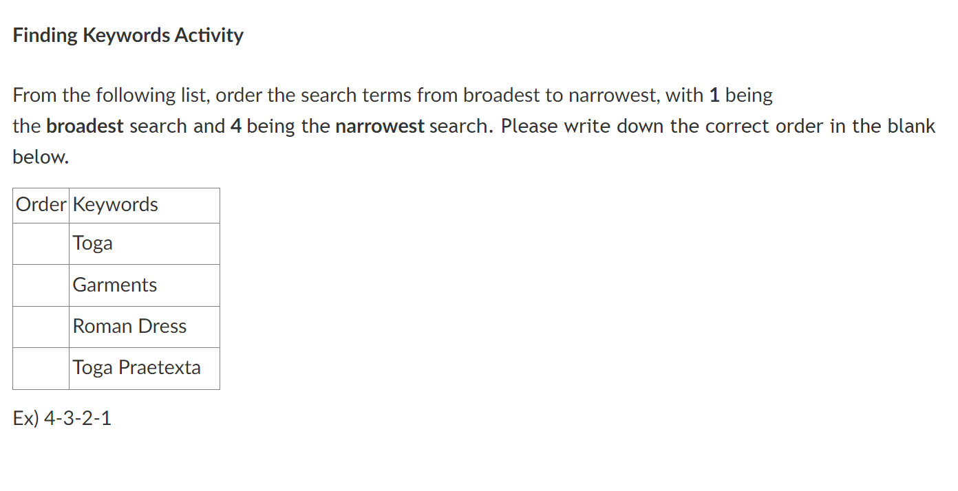 Finding Keywords Activity From the following list, | Chegg.com