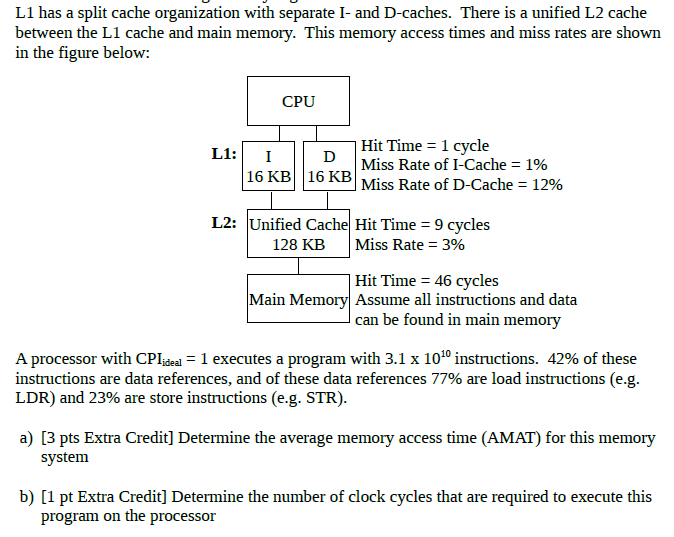 L1 has a split cache organization with separate I- | Chegg.com
