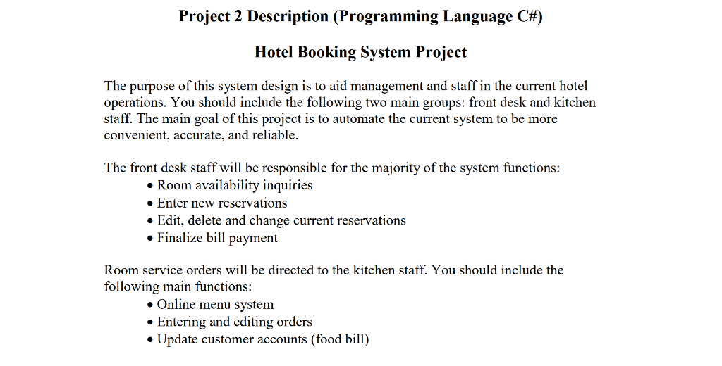 Project 2 Description (Programming Language C#) Hotel | Chegg.com