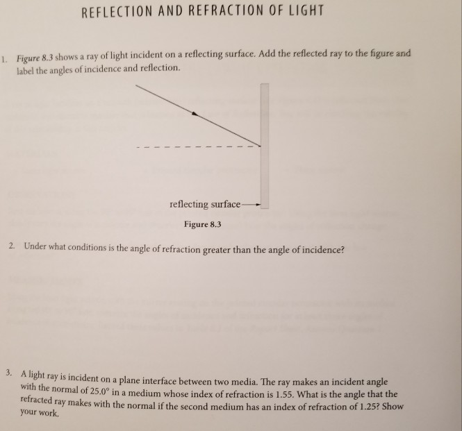 Solved REFLECTION AND REFRACTION OF LIGHT 1. Figure 8.3 | Chegg.com