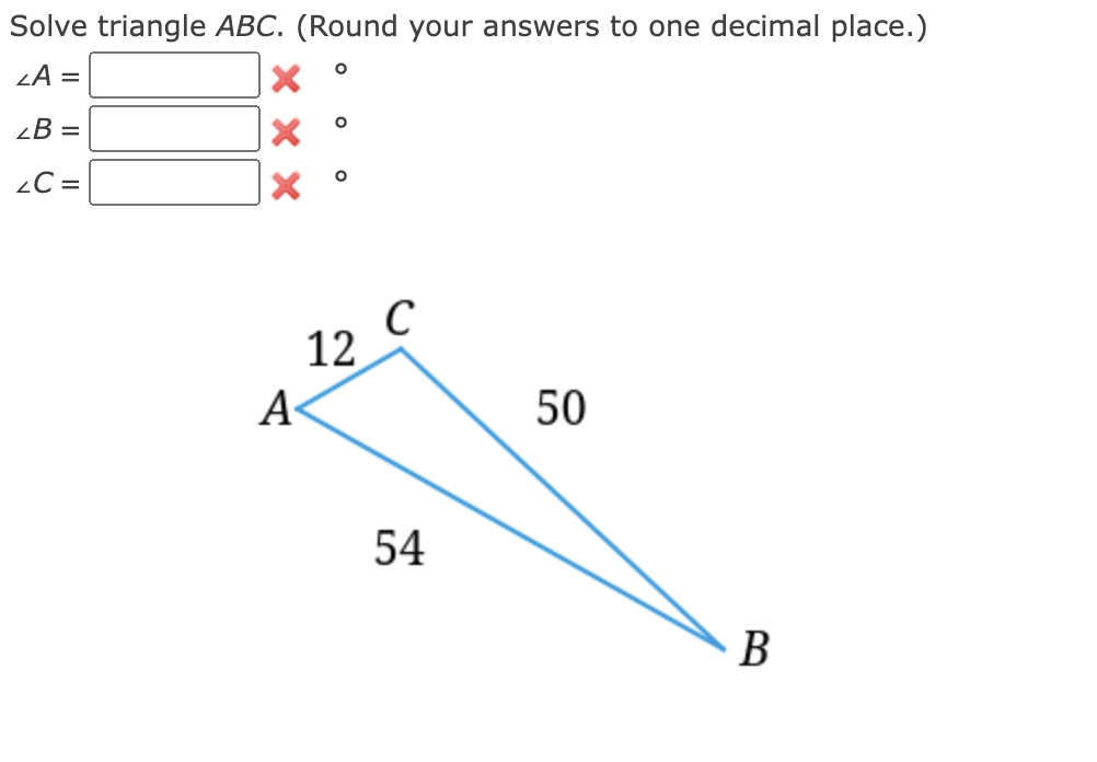 Solved Solve triangle ABC. (Round your answers to one | Chegg.com