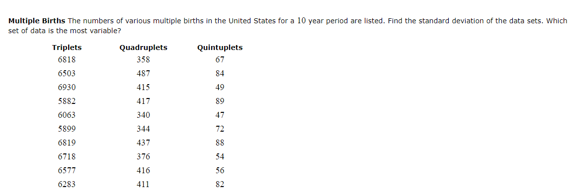 Solved Find the standard deviation of the triplets data. | Chegg.com