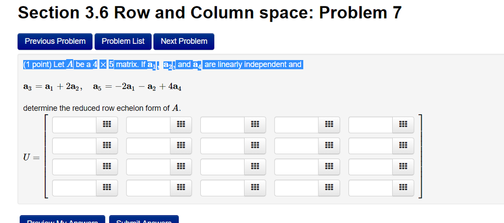 Solved Section 3.6 Row and Column space: Problem 7 Previous | Chegg.com