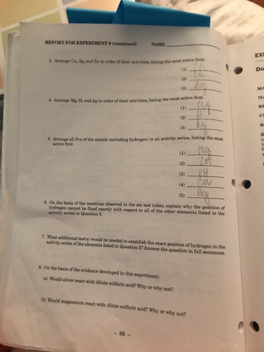 Solved NAME REPORT FOR EXPERIMENT 9 DATE single Displacement | Chegg.com