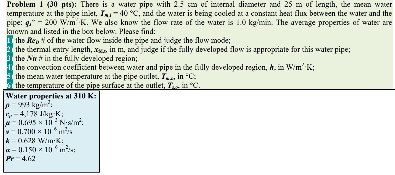 Solved Problem 1 (30 pts): There is a water pipe with 2.5 cm | Chegg.com