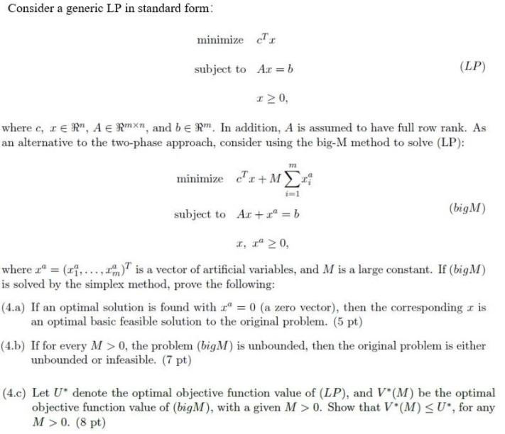Consider a generic LP in standard form: minimize cu | Chegg.com
