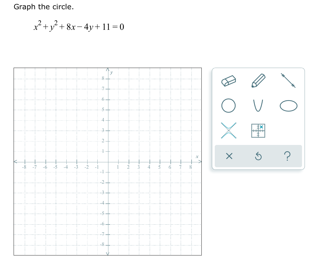 Solved Graph the circle. x² + y2 + 8x – 4y+11 = 0 u - Х s ? | Chegg.com