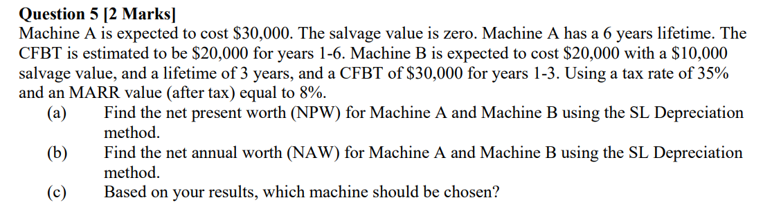 Solved Machine A is expected to cost $30,000. The salvage | Chegg.com