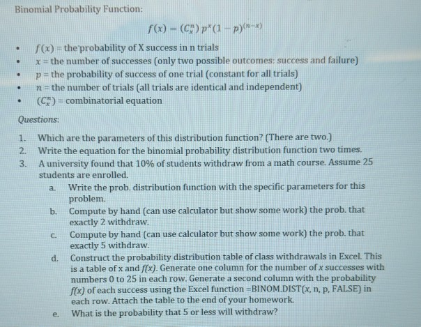 Solved Binomial Probability Function: f(x) = (C)p (1-)(n-3) | Chegg.com