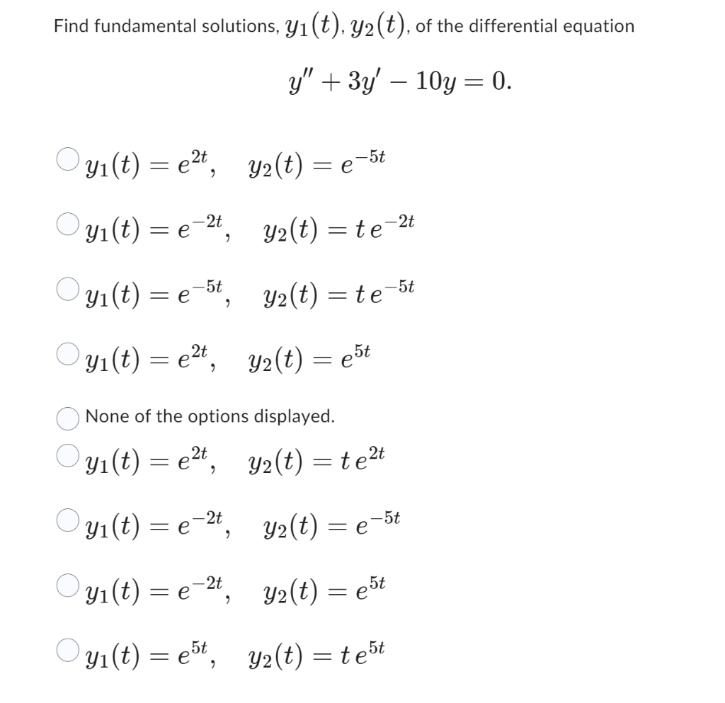 Solved Find fundamental solutions, y1(t),y2(t), of the | Chegg.com
