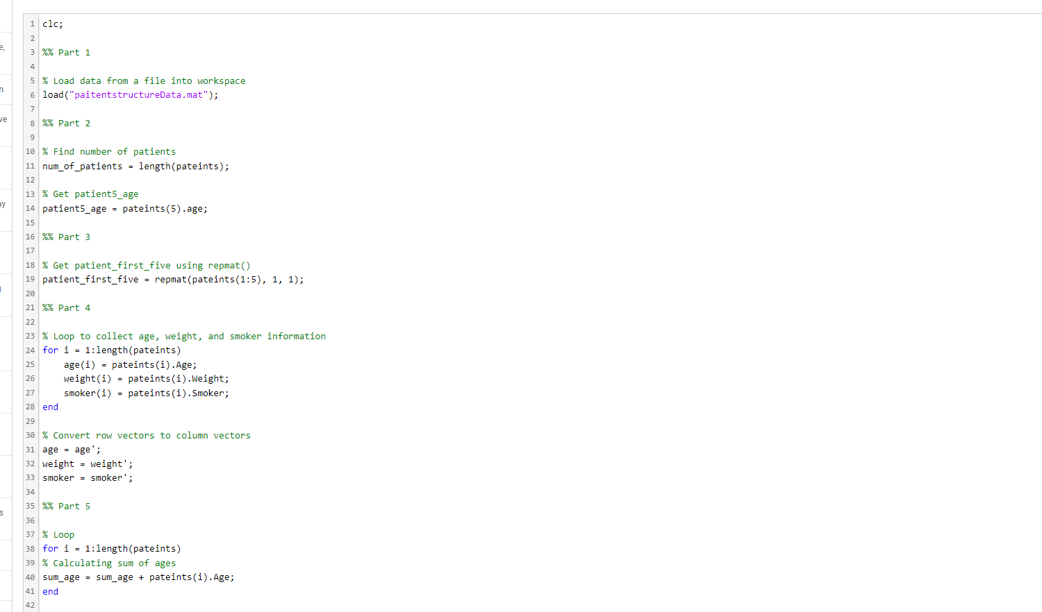 Solved LastName, Age, Weight, and Smoker. Write a MATLAB | Chegg.com