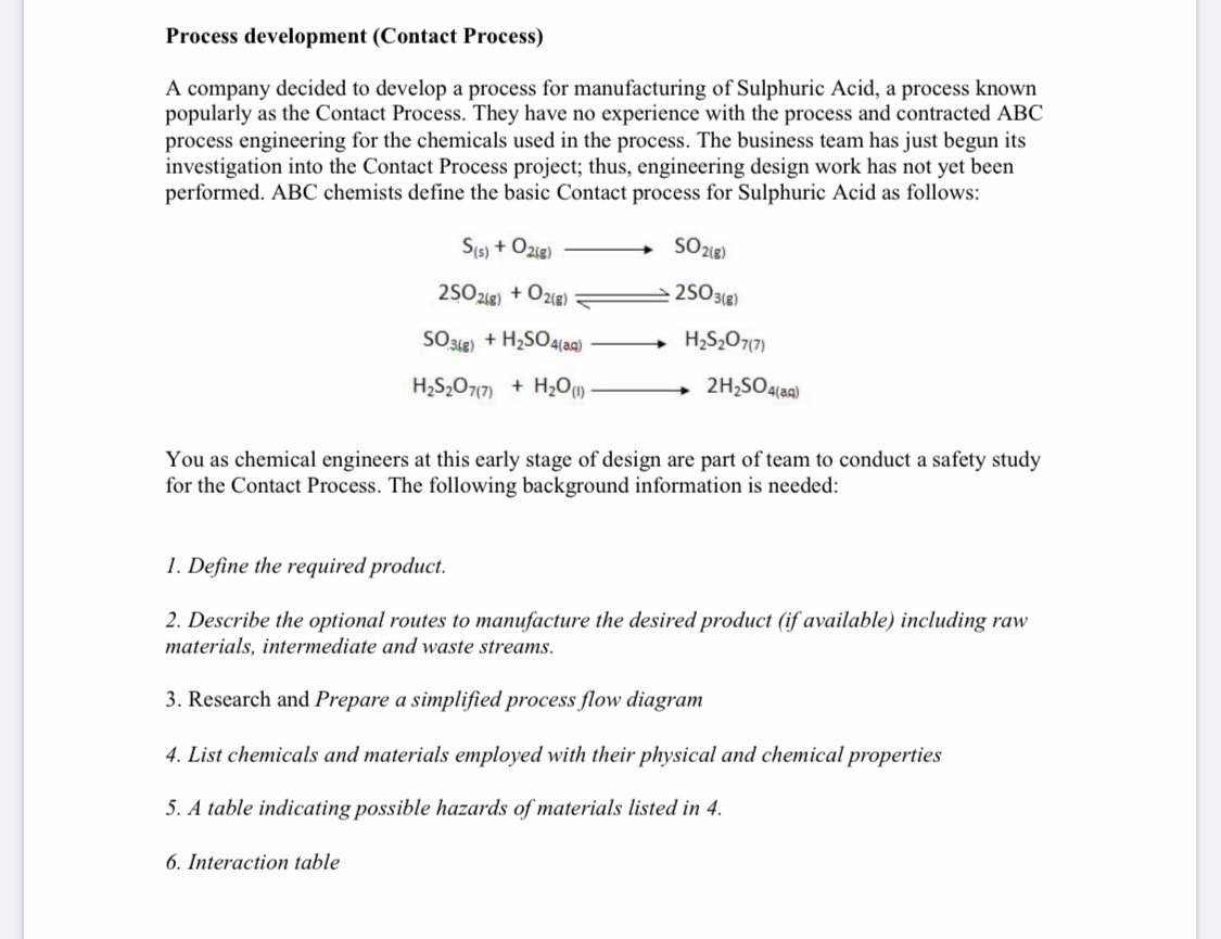 Process development (Contact Process) A company | Chegg.com