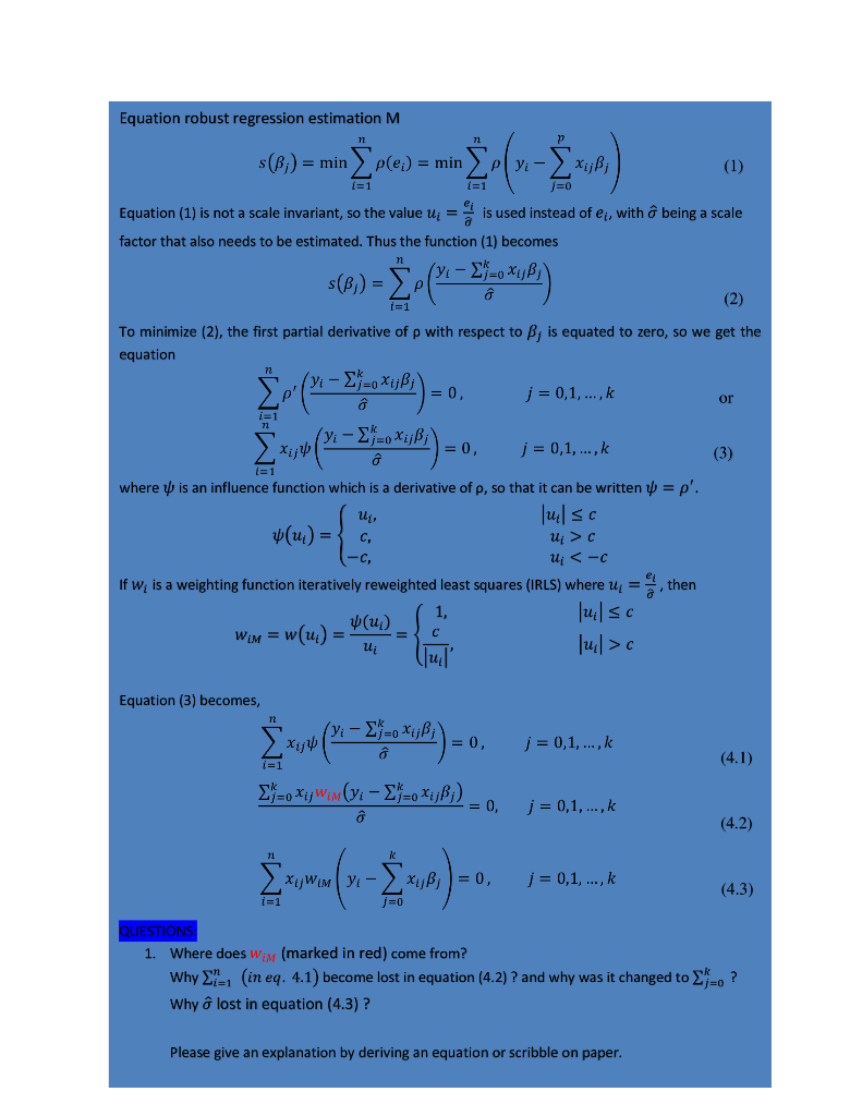 Solved Equation robust regression estimation M | Chegg.com