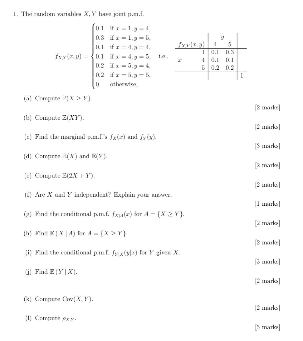 Solved 1 The Random Variables Xy Have Joint Pmf 