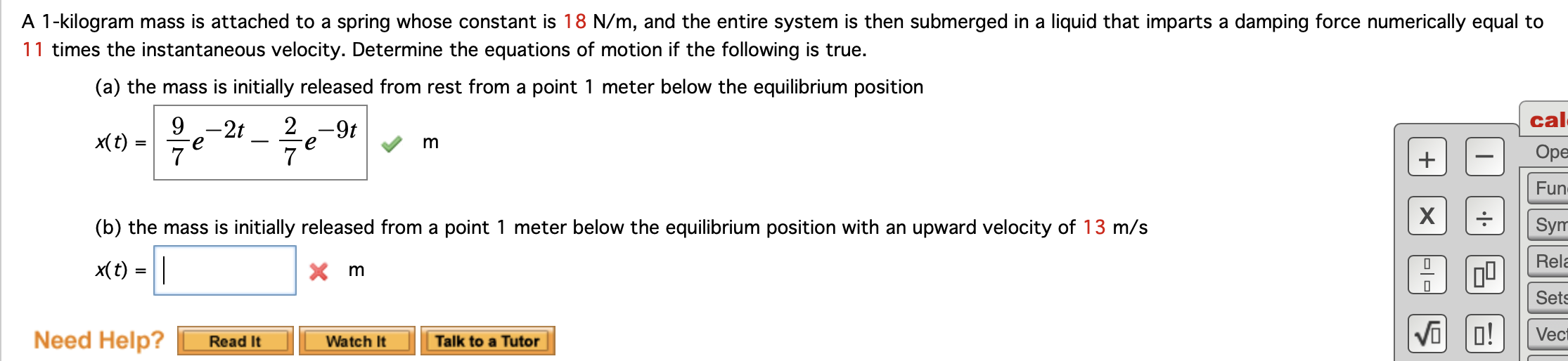 Solved A 1-kilogram mass is attached to a spring whose | Chegg.com