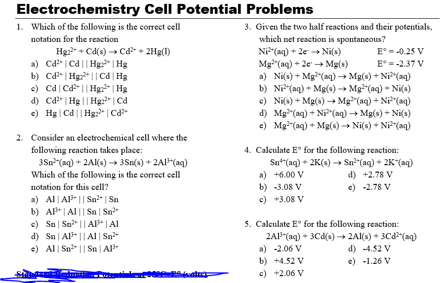 Solved 2+ Electrochemistry Cell Potential Problems 1. Which | Chegg.com