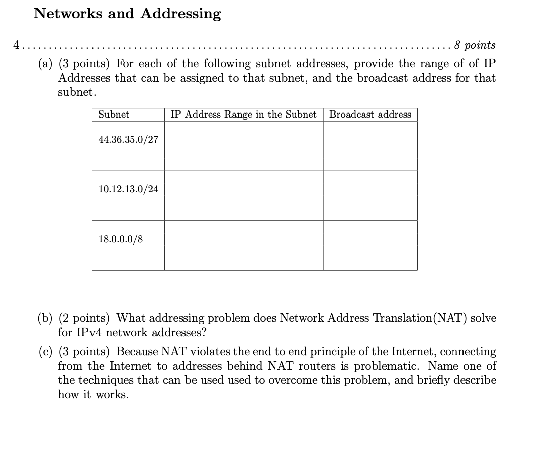 Solved Networks and Addressing48 ﻿points(a) (3 ﻿points) ﻿For | Chegg.com