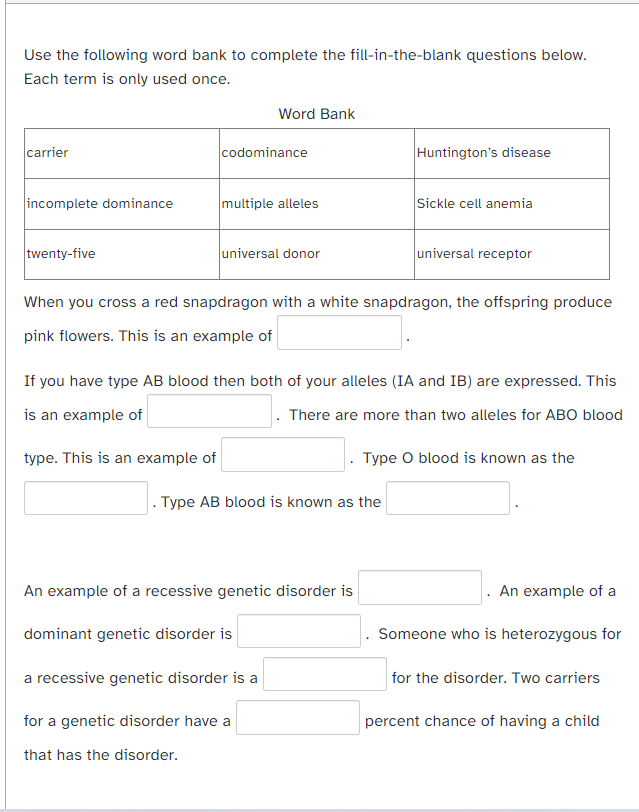 Solved Use the following word bank to complete the | Chegg.com