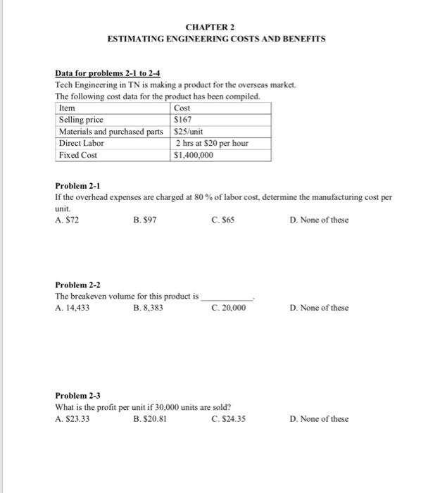 Solved CHAPTER 2 ESTIMATING ENGINEERING COSTS AND BENEFITS | Chegg.com