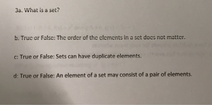 Solved What is a set? b. True or False: The order of the | Chegg.com