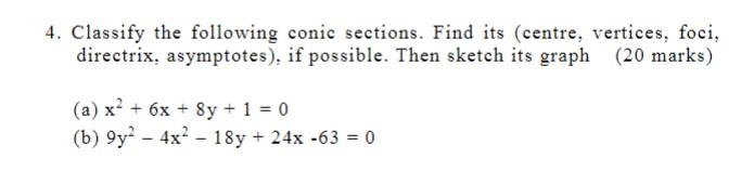 Solved 4. Classify the following conic sections. Find its | Chegg.com