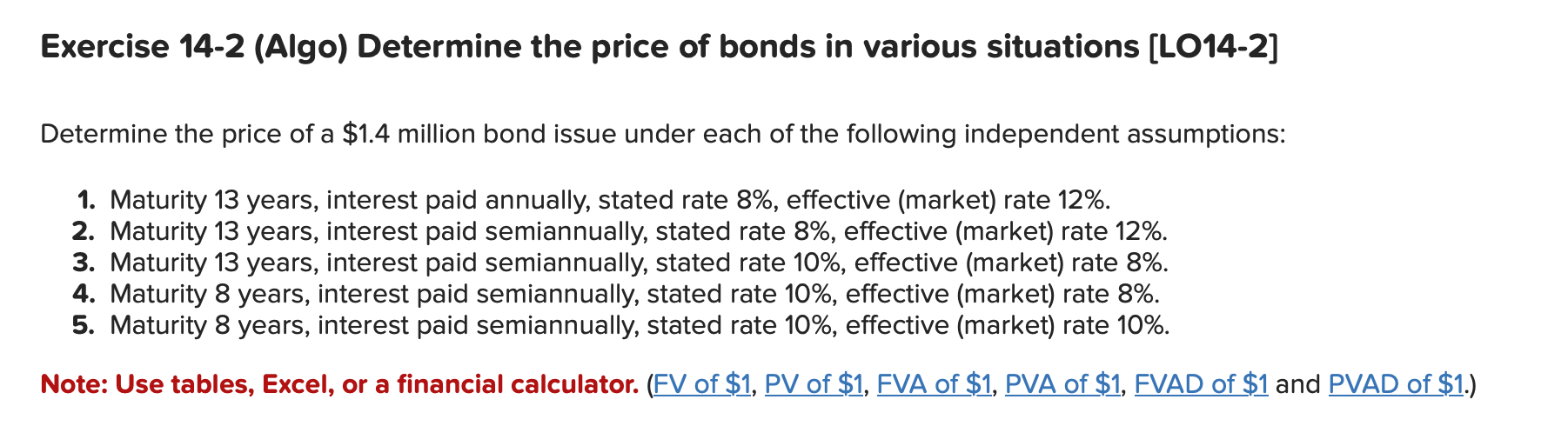 Exercise 14-2 (Algo) Determine the price of bonds in | Chegg.com