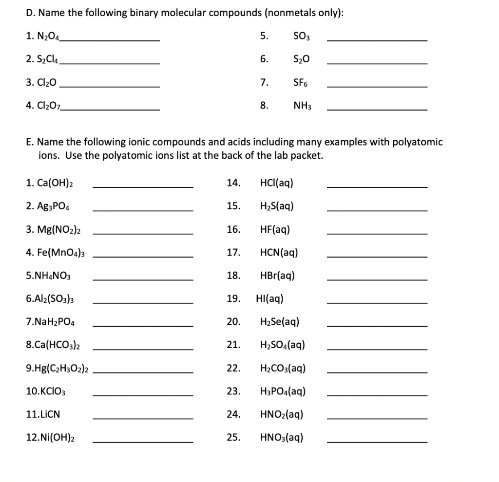 Solved D. Name the following binary molecular compounds | Chegg.com